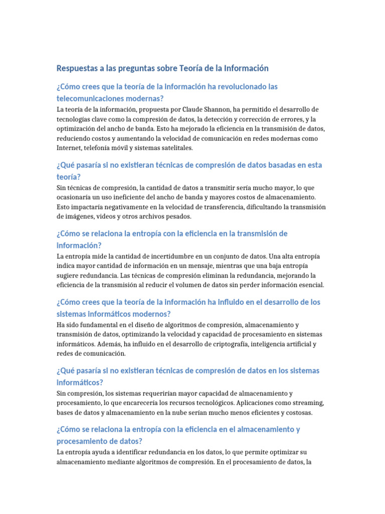 Respuestas Teoria Informacion | PDF | Compresión de datos | Información