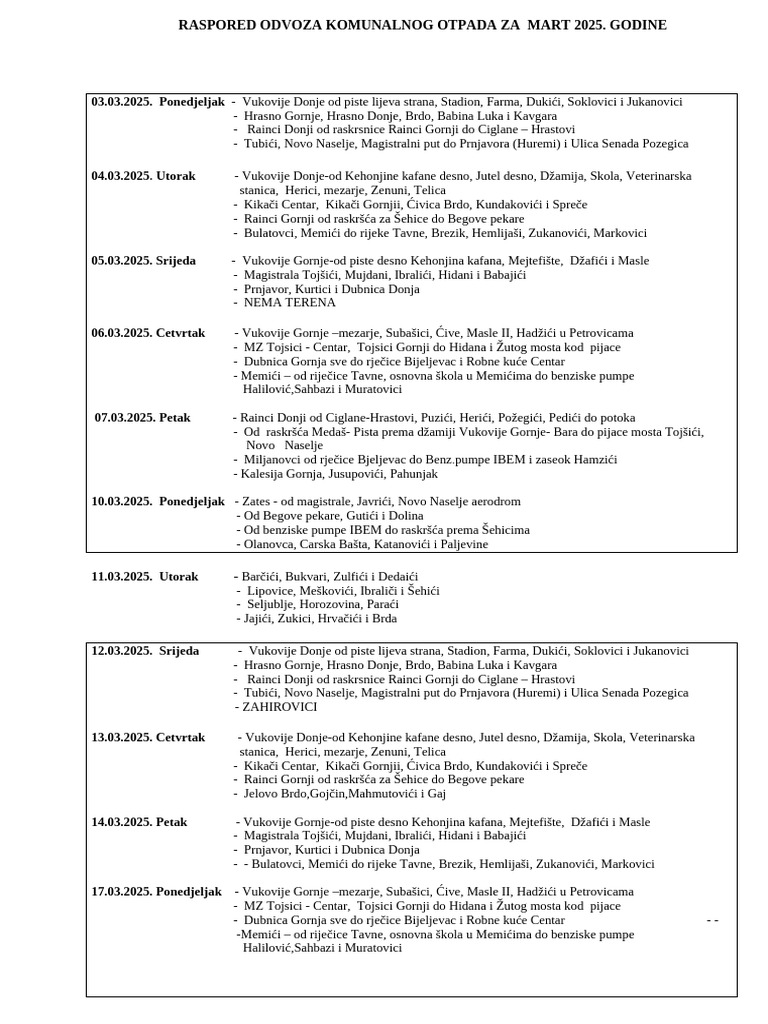 RASPORED-ODVOZA-KOMUNALNOG-OTPADA-ZA-MJESEC-MART-2025.GODINE | PDF