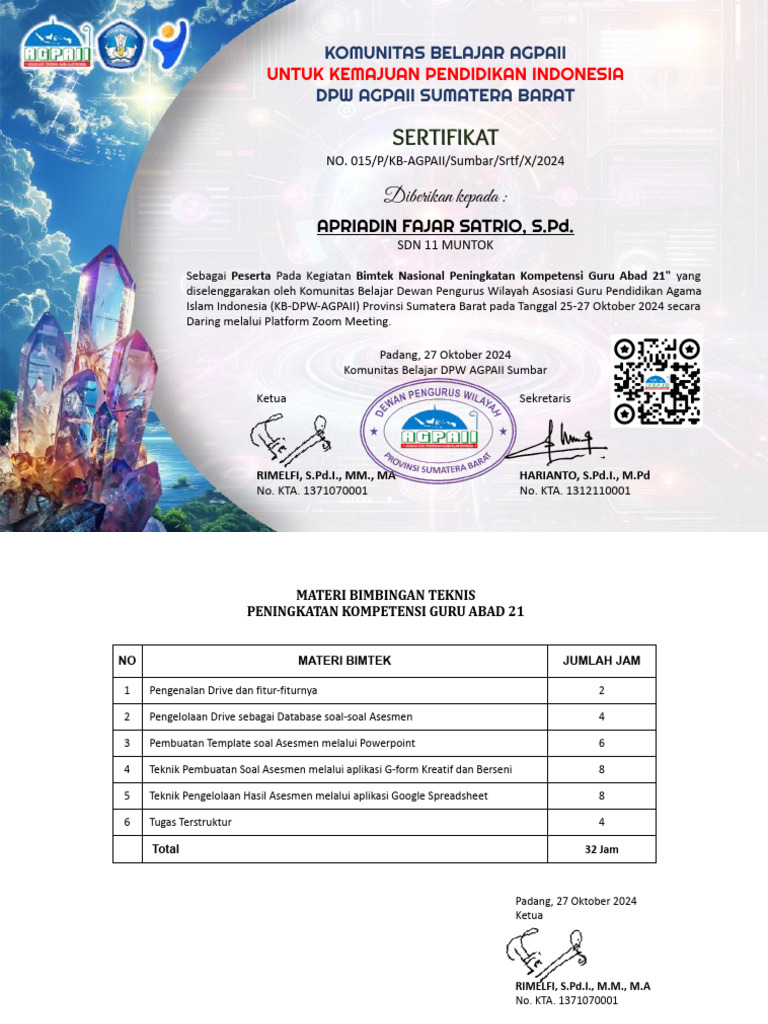 APRIADIN FAJAR SATRIO, S.Pd. 5. Sertifikat Bimtek Peningkatan Kompetensi Guru | PDF