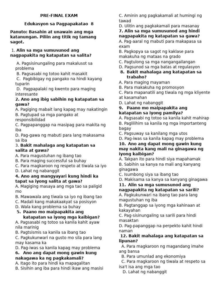 Pre Final Exam Esp 8 | PDF