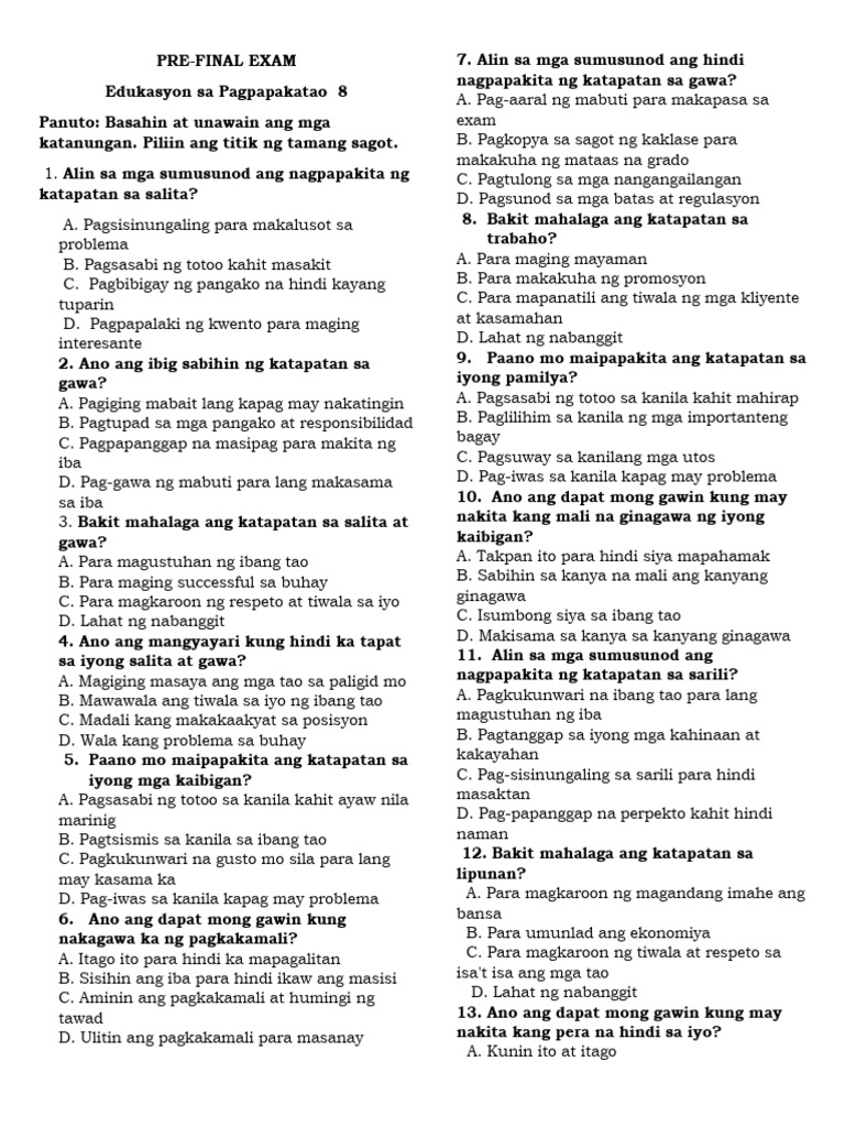 PRE Final Exam ESP 8 | PDF