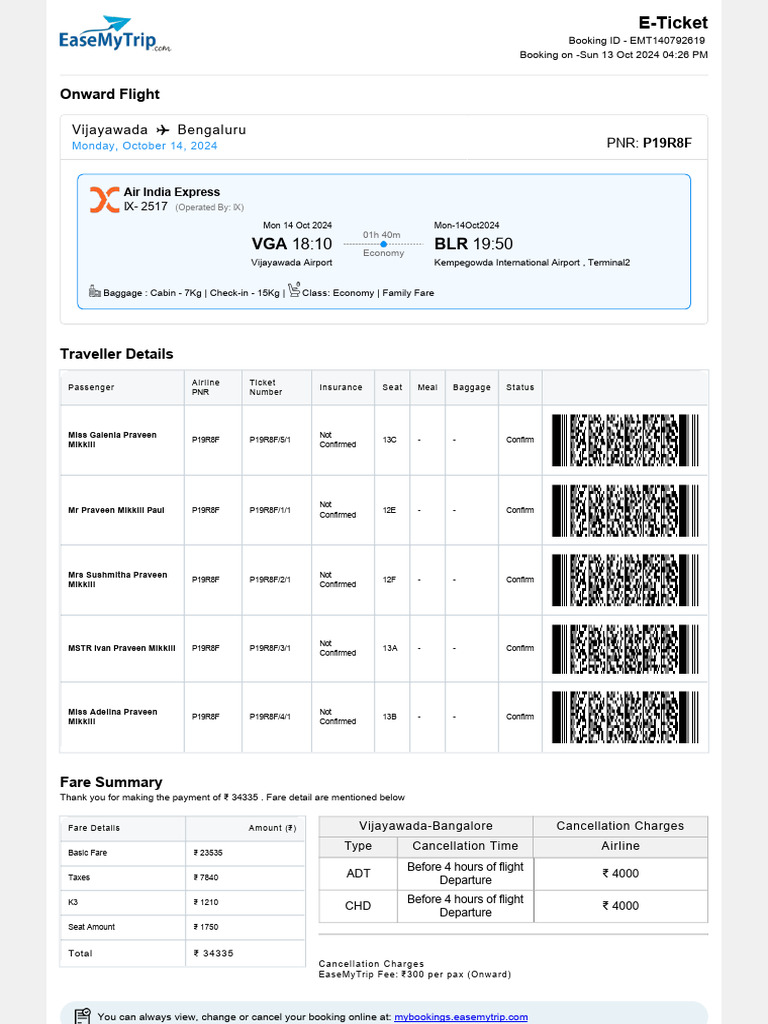 EaseMyTrip Flight E-Ticket For Flights | PDF | Travel Visa | Airlines