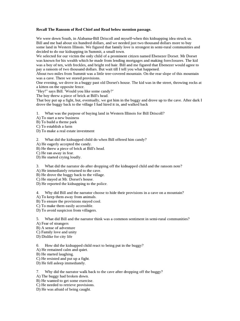 Ransom of Red Chief: Summary & Quiz | PDF