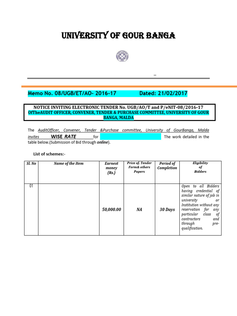 University of Gour Banga: Memo No. 08/UGB/ET/AO-2016-17 Dated: 21/02 ...