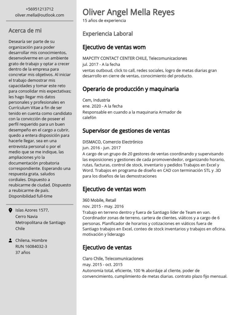CV Oliver Angel Mella Reyes | PDF | Industrias de servicio