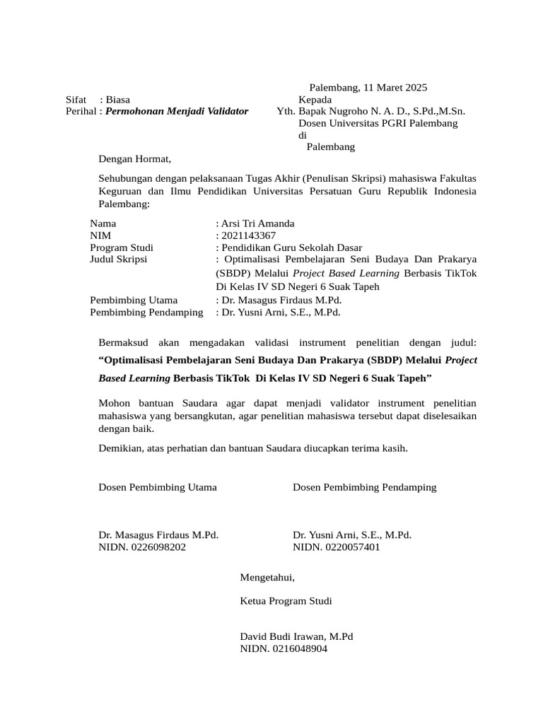 Surat Izin Validator Dosen Arsi T.A | PDF