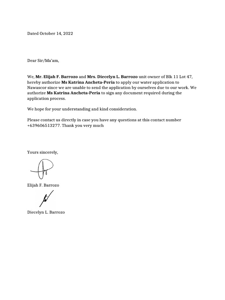 Water Application Authorization Letter | PDF