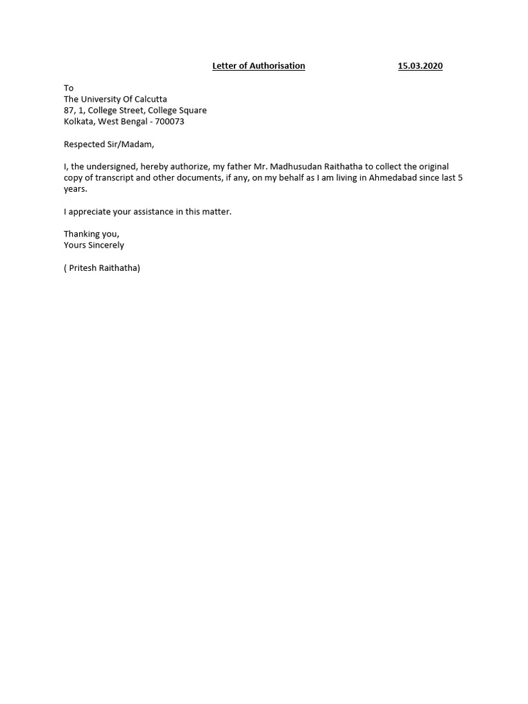 Authorization Letter for Document Collection | PDF