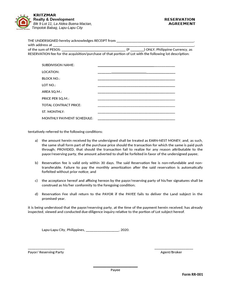 Reservation Agreement for Lot Purchase | PDF | Payments | Business