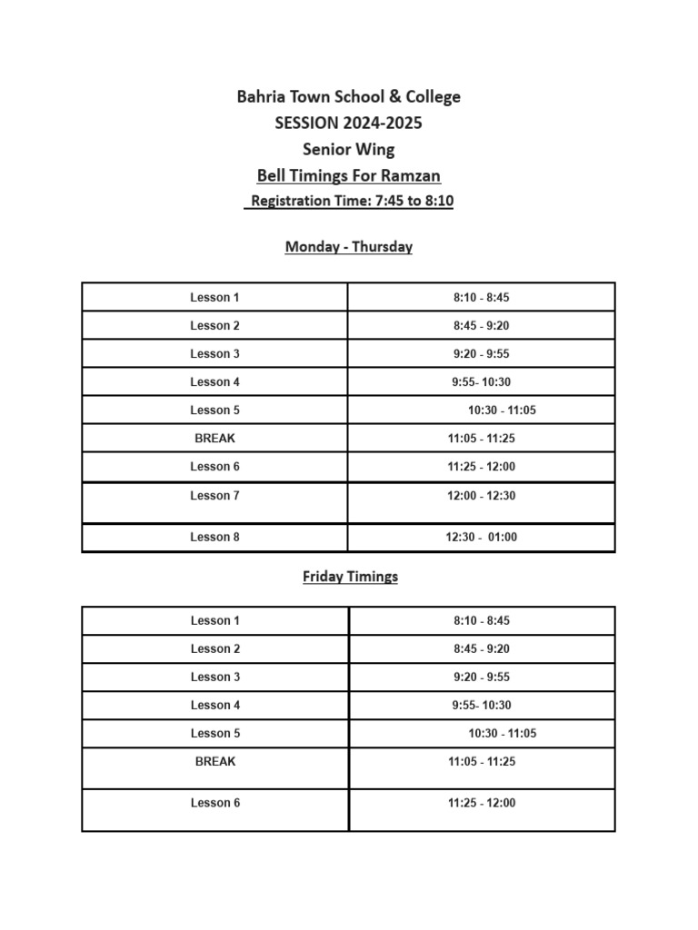 Bell Timings For Ramzan Senior Section | PDF