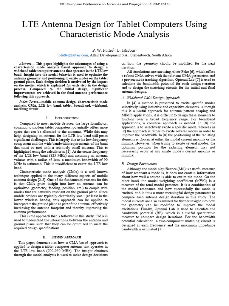 LTE Antenna Design For Tablet Computers Using Characteristic Mode ...