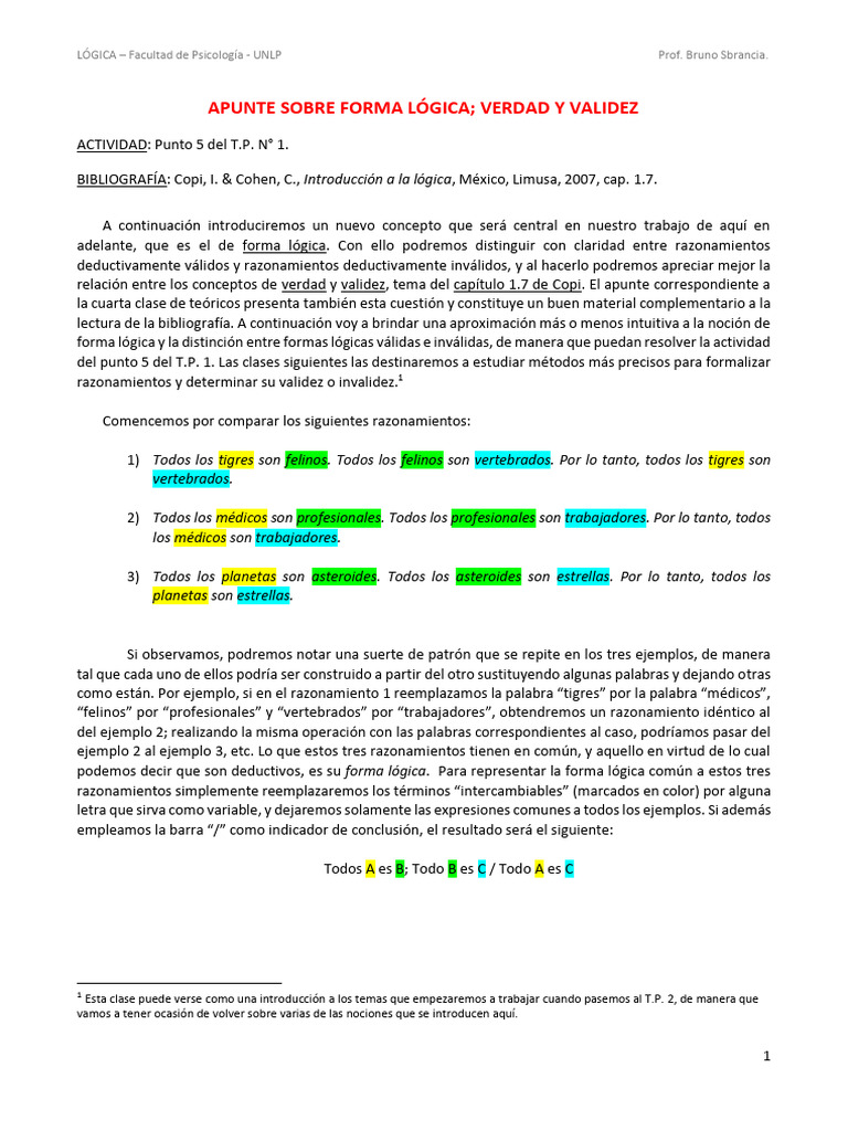 Apunte Forma Lógica Verdad y Validez. Prof. Sbrancia | PDF | Razonamiento deductivo | Argumento