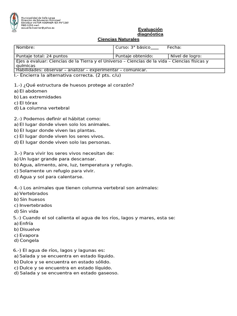 Diagnóstico Ciencias 3ero Básico | PDF