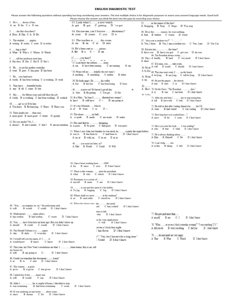 English Diagnostic Test Instructions | PDF
