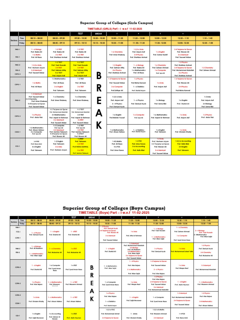 Superior Group Colleges Timetable 2025 | PDF