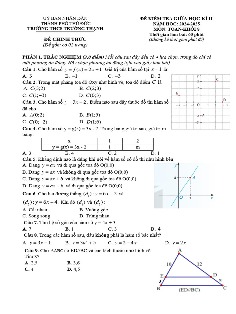 De Giua Hoc Ki 2 Toan 8 Nam 2024 2025 Truong Thcs Truong Thanh TP HCM | PDF