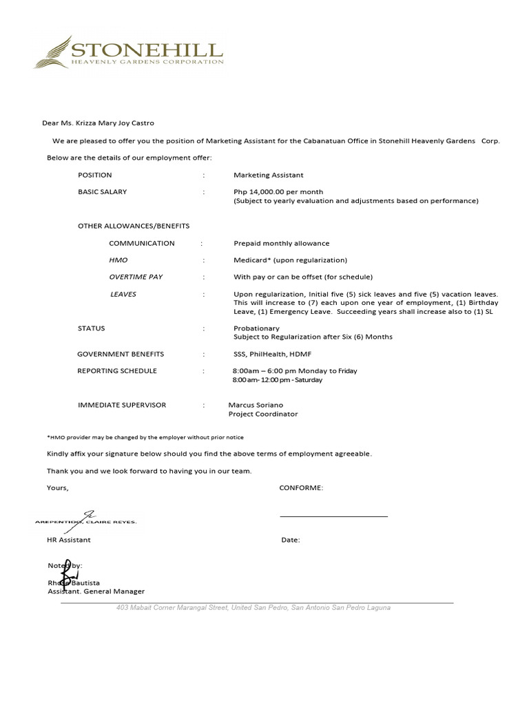 Offer Letter - Marketing Assistant (Cabanatuan) Krizza Castro | PDF