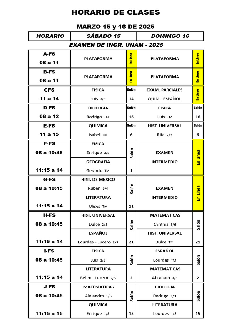 Unam - Horarios Mzo.15-16 | PDF