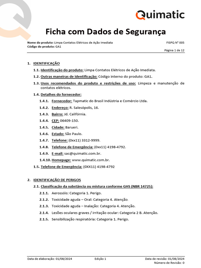 Ficha de Segurança: Limpa Contatos Elétricos | PDF | Dióxido de carbono ...