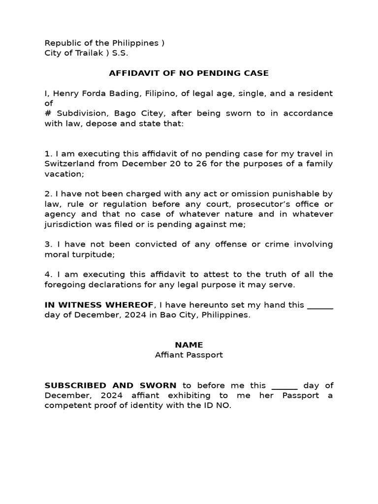Affidavit of No Pending Case for Travel | PDF