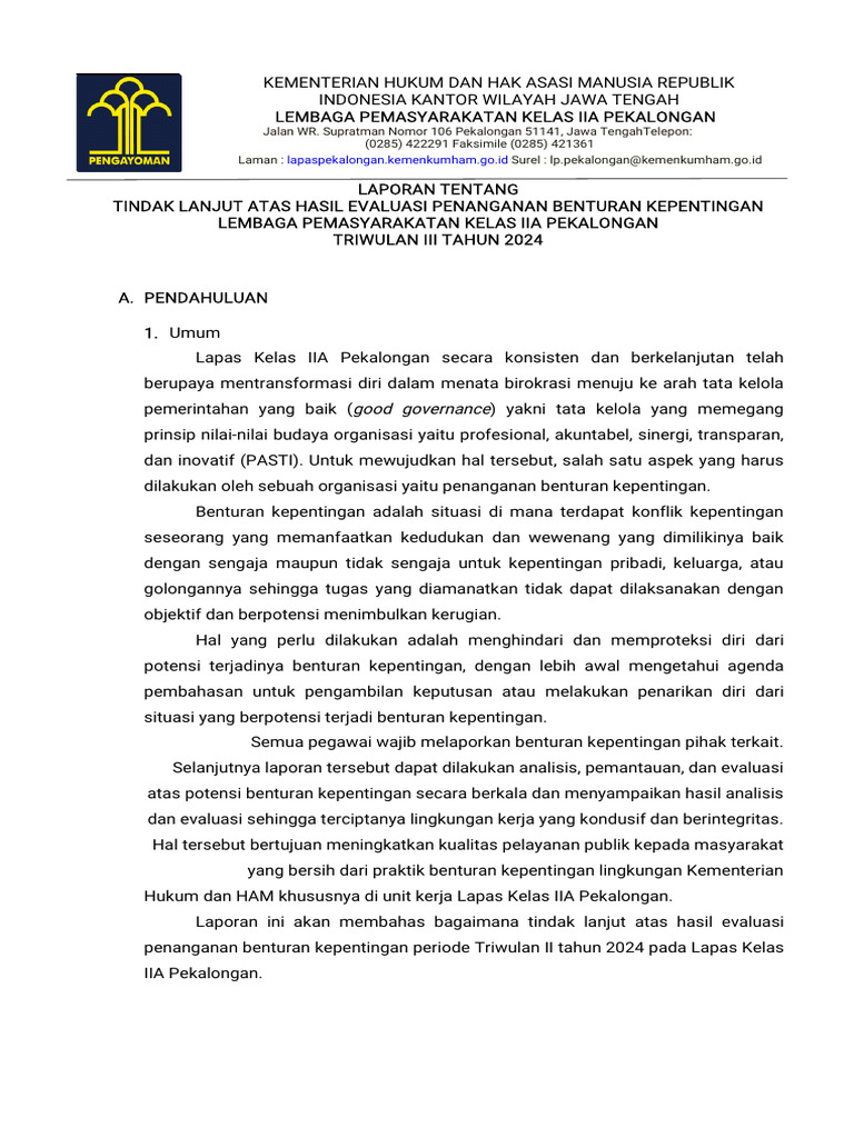 Laporan Tindak Lanjut Atas Evaluasi Benturan Kepentingan | PDF