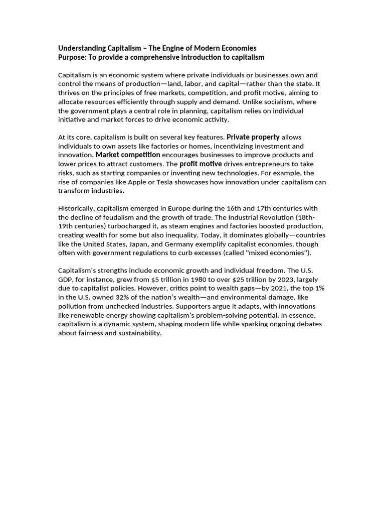 Understanding Capitalism – The Engine of Modern Ec | PDF