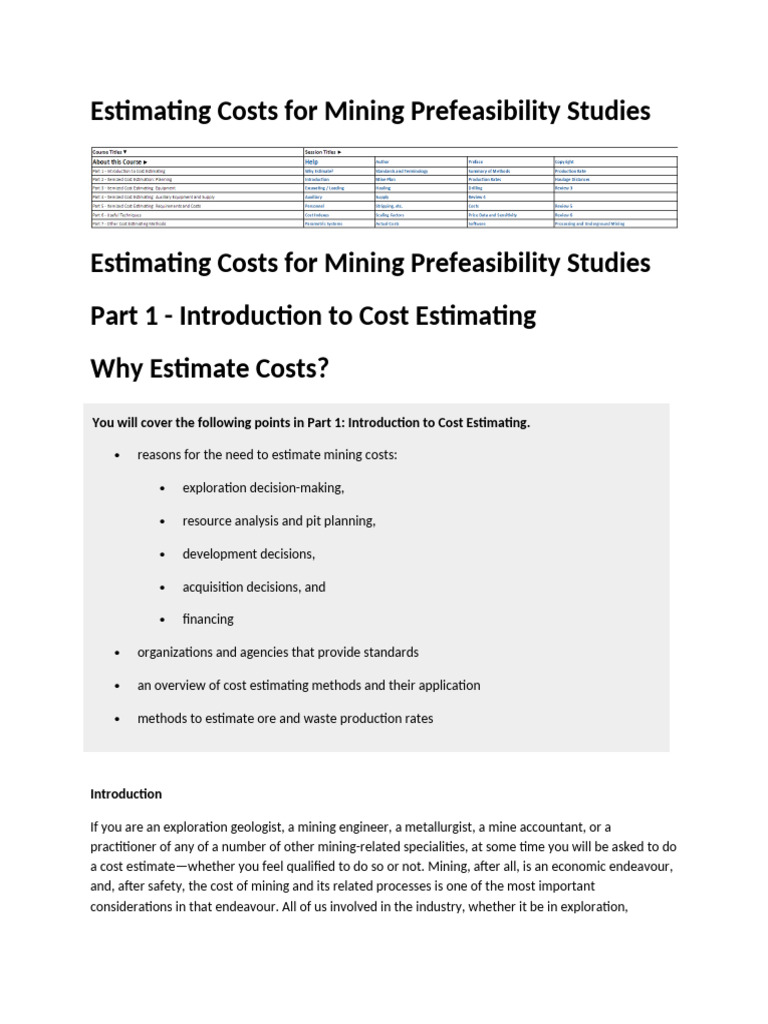 Estimating Costs for Mining Prefeasibility Studies | PDF | Mining ...