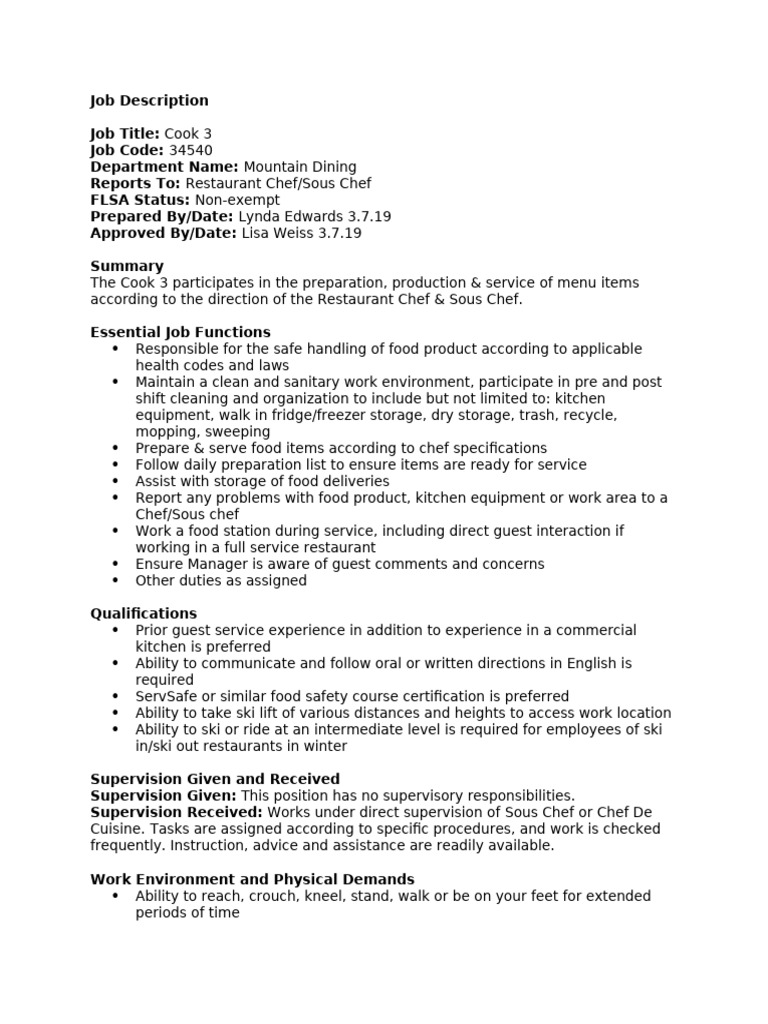 Cook 3 Job Description and Responsibilities | PDF | Chef | Restaurants