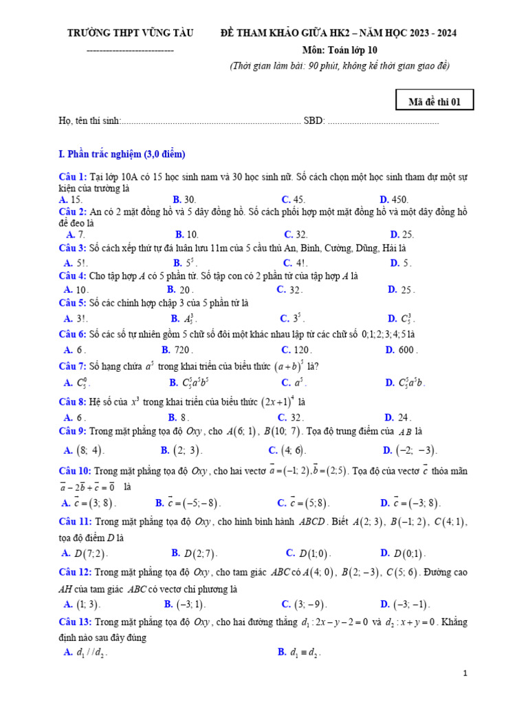 De KT Giua HK2 Lop 1 0 Nam 2023 2034 | PDF