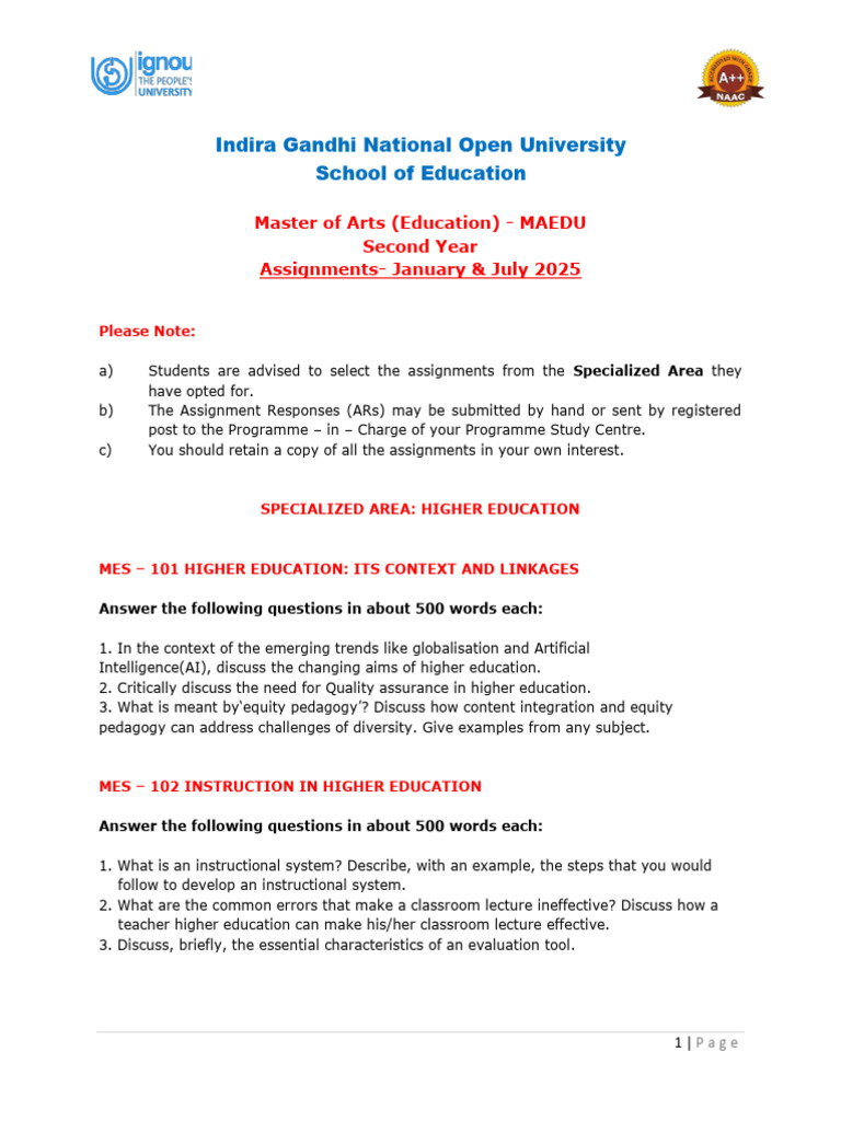 M.A. (Education) Assignments Second Year January - July 2025 (English) | PDF | Educational ...