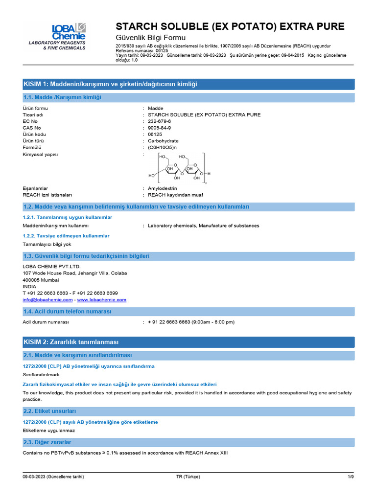 MSDS STARCH SOLUBLE EX POTATO CASNO 9005 84 06125 TR - Aspx | PDF