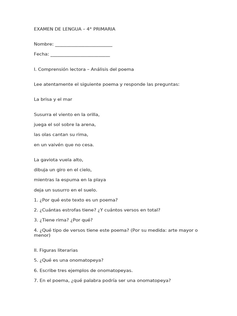 examen lengua tema 8 la poesia, adverbios. conjugaciones y preposiones ...