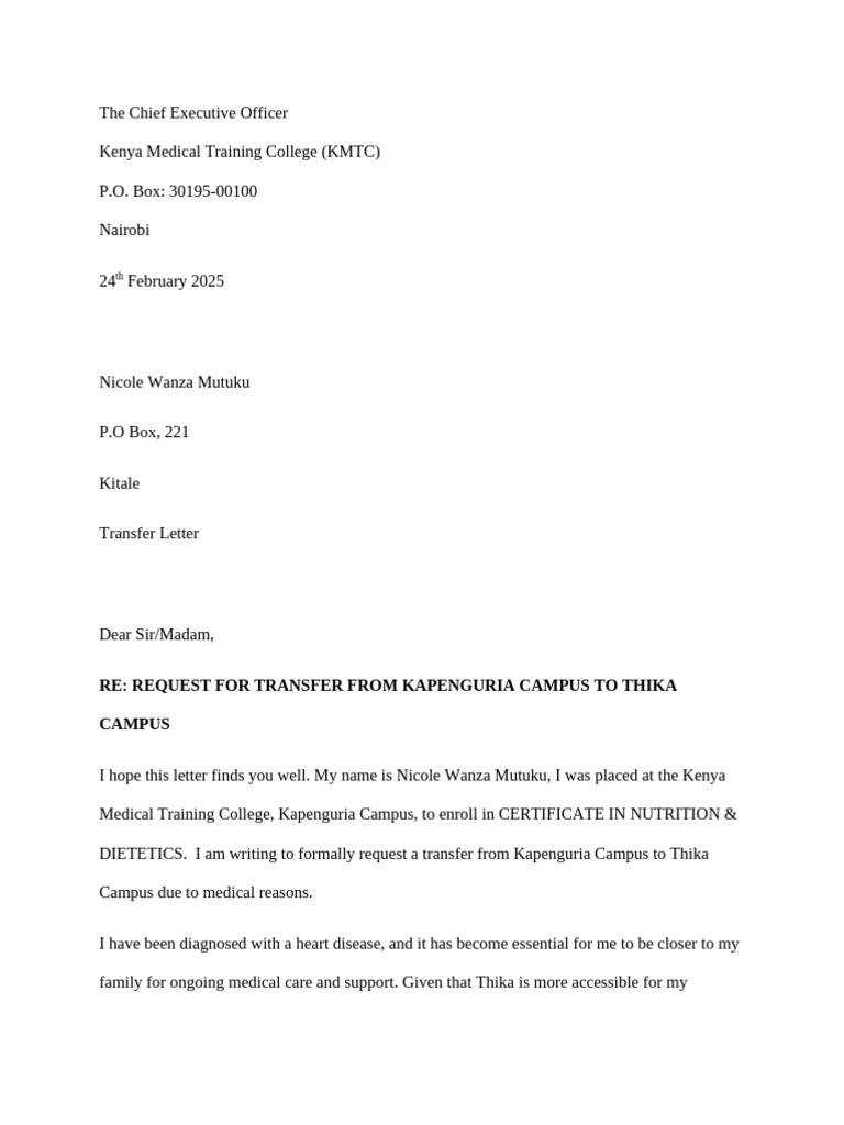 Nicole Mutuku's KMTC Transfer Letter | PDF