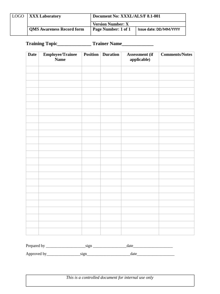 8.1-001 QMS Awarness Record Form | PDF