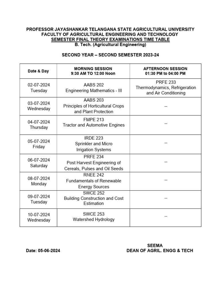 Btech Agengg SFT Exam Time Table 2023 24 2 2 | PDF