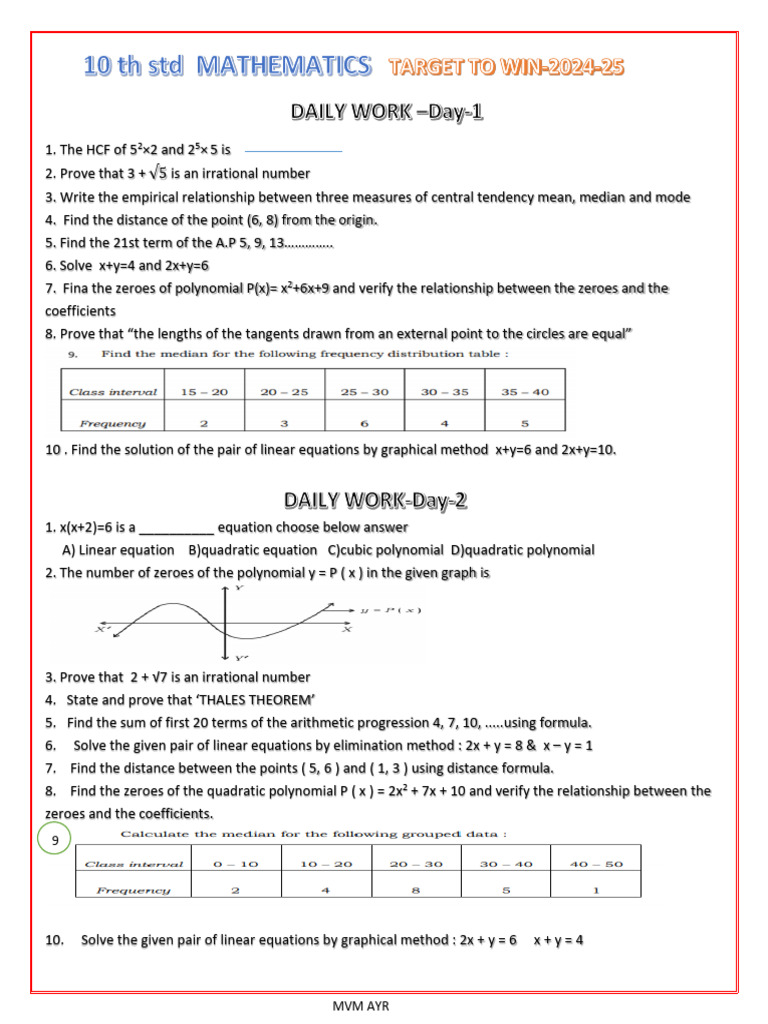 10th STD Maths Passing Package Eng Version 2024-25 by MVM Ayr | PDF | Quadratic Equation ...