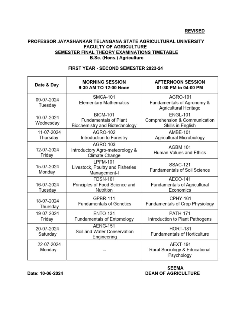 BSC Ag SFT Exam Time Table 2023 24 1 2 1 | PDF | Agriculture | Food ...
