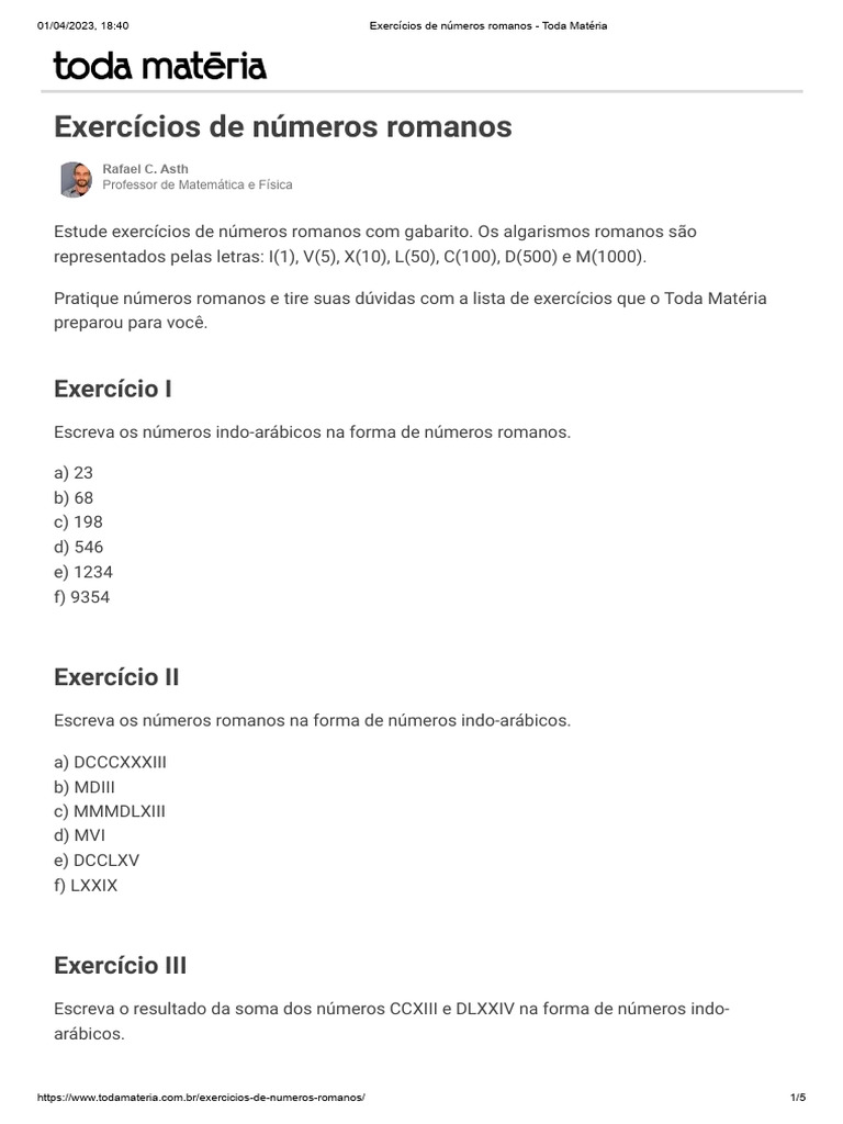 Exercícios Práticos de Números Romanos | PDF