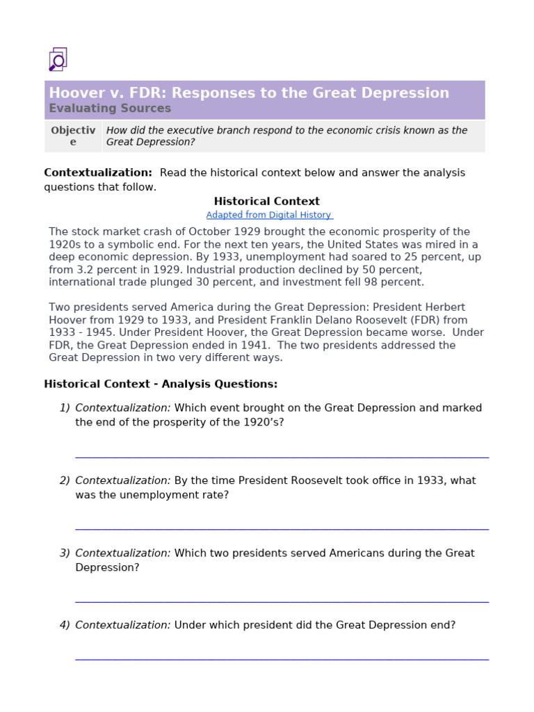 Evaluating Sources Hoover v. FDR | PDF | Great Depression | Franklin D ...