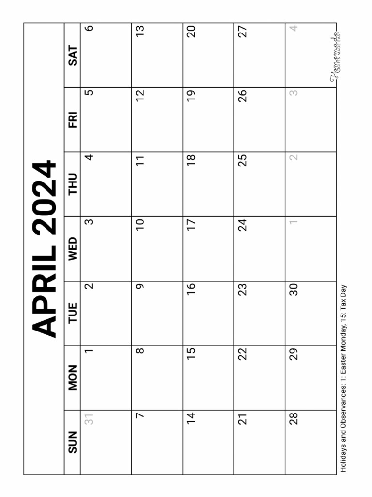 April Calendar 2024 Printable Blank | PDF