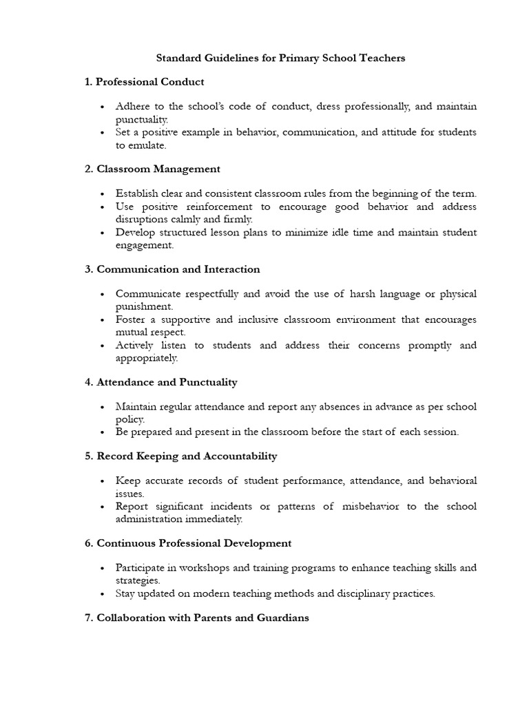 Standard Guidelines For Primary School Teachers Parents and MGT ...