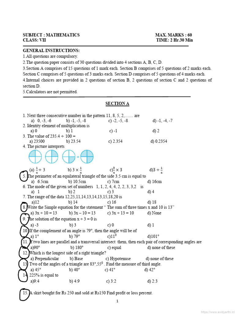 Cbse Class 7 Maths Previous Year Question Paper 2023 24 Term I | PDF ...