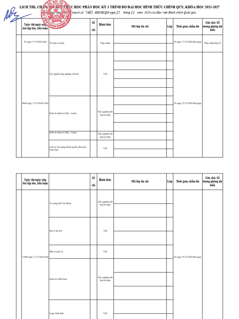 LICH THI KHOA 23 HK1 24 25 TRINH 25.11 Dau Do | PDF