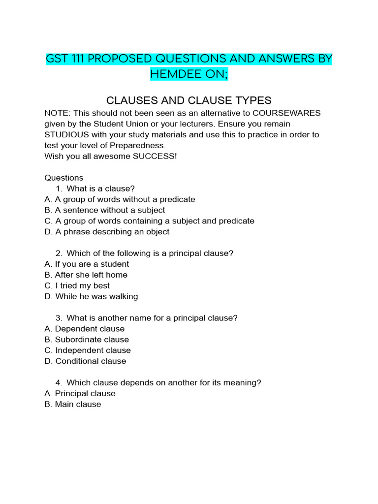 Gst 111 (Clauses_clause Types) Pq - Hemdee (1) | PDF | Clause | Adverb