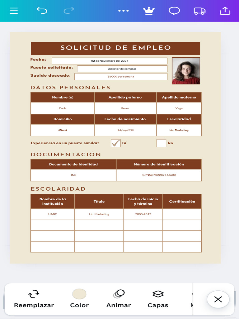 Documento A4 Solicitud de Empleo Profesional Con Foto Cafe Beige ...