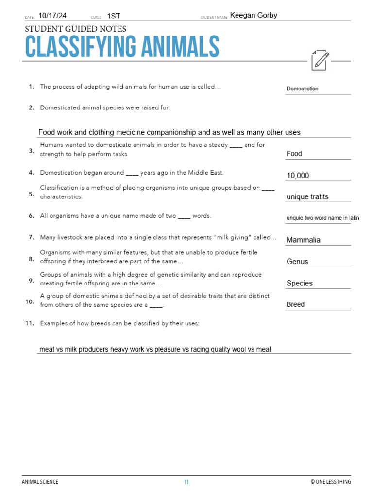 Classifying Animals: Student Notes | PDF