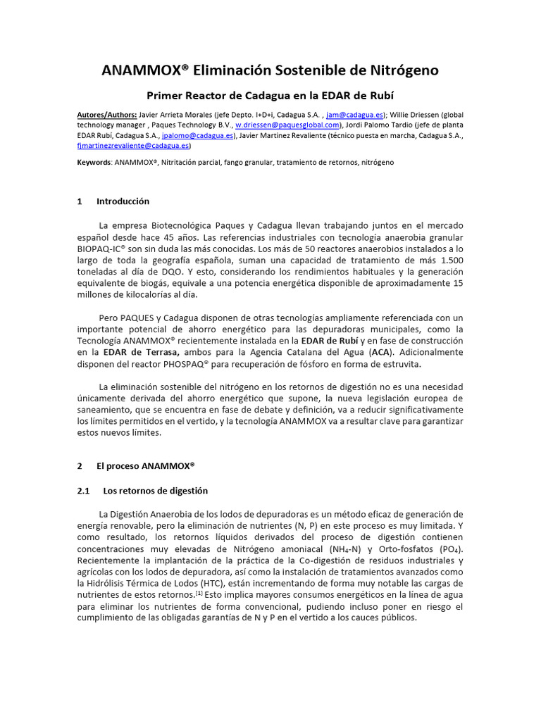 Articulo Eliminacion Sostenible de Nitrogeno Con Anammox Primer Reactor ...