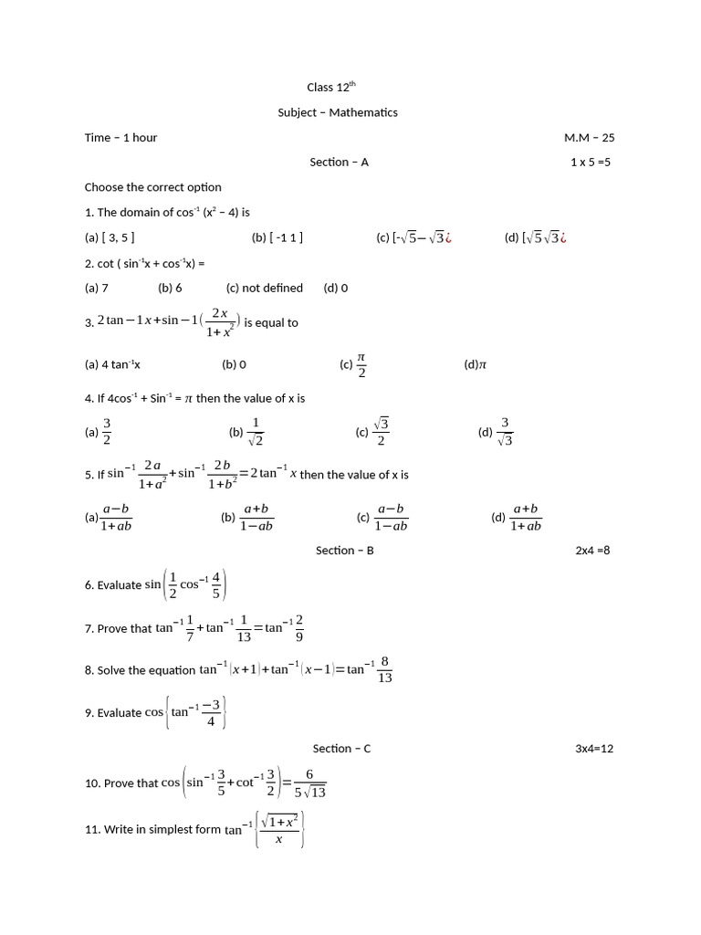 Class 12 Mathematics 25 Marks Paper | PDF | Mathematics | Mathematical ...