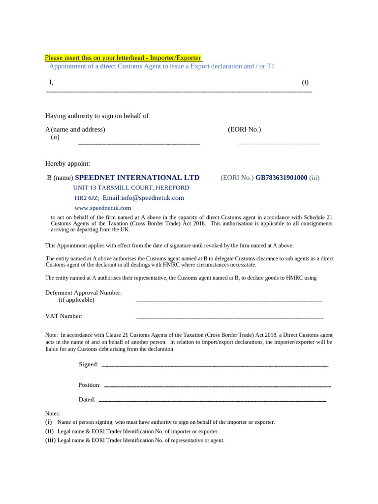 Direct Customs Agent Appointment Letter | PDF