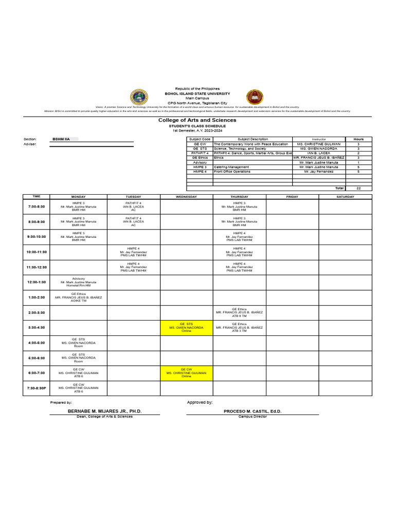 New Schedule For BSHM II A | PDF